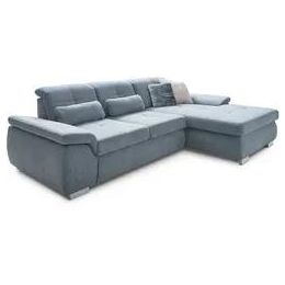 Ecksofa DIE PLANBAR "MP-IN16037 L-Form" Sofas Gr. B/H/T: 289cm x 85cm x 195cm, Material Bezug, Ottomane rechts, Bettkasten, Ausziehbettfunktion, Kopfteilverstellung und Sitztiefenverstellung, blau (ice) mit Sitztiefenverstellung & Zierkissen, Kaltschaum