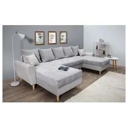 Wohnlandschaft Collection AB "Raisa U-Form" Sofas Gr. B/H/T: 314 cm x 45 cm x 158 cm, Samt-Cord, Mit Federkern, grau (hellgrau) mit Federkern, Kissen und Steppung im Sitzbereich