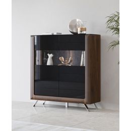 Highboard LEONIQUE "Kasai" Sideboards Gr. B/H/T: 128,5 cm x 136,5 cm x 44 cm, wallnut columbia/schwarz hgl, schwarz (wallnut columbia, hgl) Höhe 136,5 cm, 2 Türen mit Glaseinsatz