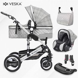 VESKA&reg; 3 in 1 Kombi-Kinderwagen Buggy Reisebuggy inkl. Auto- Babyschale Jogger Faltbar - Silber - grau/kariert