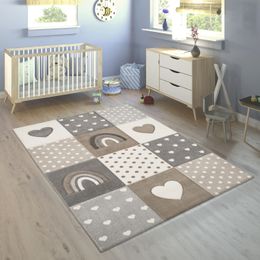 Kinderteppich Paco Home "Cosmos 349" Teppiche Gr. B: 140 cm 1 St., 16 mm, L: 200 cm, beige Kinder Kurzflor, kariert, 3D Effekt, Motiv Regenbogen, Herz & Punkte