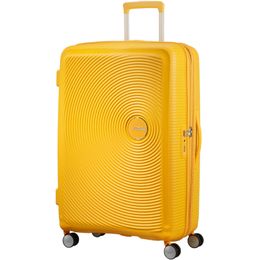 Hartschalen-Trolley American Tourister "SOUNDBOX 77" Gr. B/H/T: 51,5 cm x 77 cm x 29,5 cm 97 l, gelb (golden yellow) Koffer Reisekoffer Trolley Aufgabegepäck TSA-Zahlenschloss Volumenerweiterung