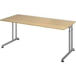 Schreibtisch Breno, manuelle Höheneinstellung, horizontaler Kabelkanal, B 1600 x T 800 x H 680-820 mm, Spanplatte & Stahl, Eiche/Silber