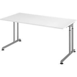 Schreibtisch Breno, manuelle Höheneinstellung, horizontaler Kabelkanal, B 1600 x T 800 x H 680-820 mm, Spanplatte & Stahl, Weiß/Silber