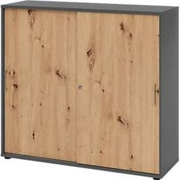 Schiebetürschrank Breno, abschließbar, Spanplatte, melaminharzbeschichtet, B 1200 x T 400 x H 1100 mm, 3 Ordnerhöhen, Graphit/Asteiche