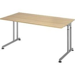 Schreibtisch Breno, manuelle Höheneinstellung, horizontaler Kabelkanal, B 1600 x T 800 x H 680-820 mm, Spanplatte & Stahl, Eiche/Silber