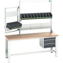 Systemwerkbank Bott cubio, mit Schubladen, Aufnahme- und Schwenkrahmen, Buche-Multiplexplatte, bis 800 kg, B 2000 x T 750 mm, Lichtgrau