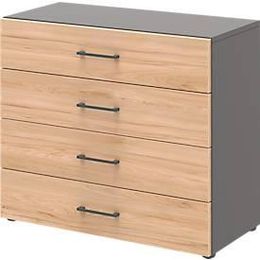 Home Office Schrank TEMPIO, aus Holz, 4 Schubkästen, 2 OH, B 800 x T 340 x H 720 mm, anthrazit/Hickory Eiche