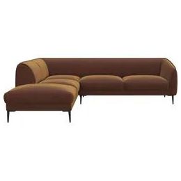 Ecksofa FLEXLUX "Belle Designsofa, L-Form, B/T 268/209 cm" Sofas Gr. B/H/T: 268cm x 74cm x 209cm, Velvet, lange Ottomane links, braun (cognac) Skandinavisches Design, In hochwertiger Verarbeitung