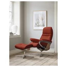 Relaxsessel stressless "Sunrise" Sessel Gr. ROHLEDER Stoff Q2 FARON, Cross Base Eiche, Relaxfunktion-Drehfunktion-PlusTMSystem-Gleitsystem-BalanceAdaptTM, B/H/T: 83cm x 105cm x 74cm, rot (rust q2 faron) mit Hocker, Cross Base, Größe S, M & L, Holzakzent Eiche