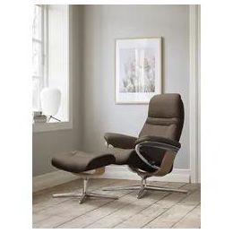 Relaxsessel stressless "Sunrise" Sessel Gr. ROHLEDER Stoff Q2 FARON, Cross Base Eiche, Relaxfunktion-Drehfunktion-PlusTMSystem-Gleitsystem-BalanceAdaptTM, B/H/T: 79cm x 103cm x 73cm, braun (dark beige q2 faron) mit Hocker, Cross Base, Größe S, M & L, Holzakzent Eiche