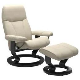 Relaxsessel stressless "Consul" Sessel Gr. Leder BATICK, Classic Base Schwarz, PlusTMSystem-Gleitsystem-Relaxfunktion-Drehfunktion-Kopfstützenverstellung-Rückteilverstellung, B/H/T: 72cm x 94cm x 70cm, beige (cream batick) mit Hocker, Classic Base, Größe S, Gestell Schwarz