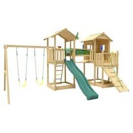 Spielturm Jungle Gym "Stronghold" Spieltürme grün (dunkelgrün) Kinder Spielanlage mit 2 Türmen, Schaukel und Rutsche Wasseranschluss