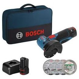 Bosch PROFESSIONAL Akku-Winkelschleifer "GWS 12V-76" Schleifmaschinen mit 2 Akkus 12 V, Ladegerät und Zubehör blau