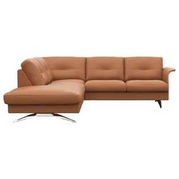 Ecksofa FLEXLUX "Glow, super bequem durch hochwertigem Sitzaufbau mit Federkern, L-Form" Sofas Gr. B/H/T: 236cm x 81cm x 224cm, Echtleder, Ottomane rechts, Armlehnen in Walnuss, braun (modern cognac brown) Modernes skandinavisches Design