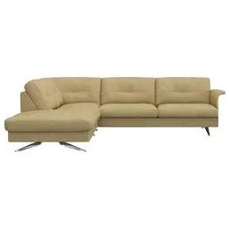 Ecksofa FLEXLUX "Glow, super bequem durch hochwertigem Sitzaufbau mit Federkern, L-Form" Sofas Gr. B/H/T: 268cm x 81cm x 224cm, Bouclé, Ottomane rechts, Armlehnen in Walnuss, gelb (mustard gelb) Skandinavisches Design, In hochwertiger Verarbeitung