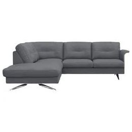 Ecksofa FLEXLUX "Glow, super bequem durch hochwertigem Sitzaufbau mit Federkern, L-Form" Sofas Gr. B/H/T: 236cm x 81cm x 224cm, Bouclé, Ottomane rechts, Armlehnen in Walnuss, blau (navy blue) Modernes skandinavisches Design