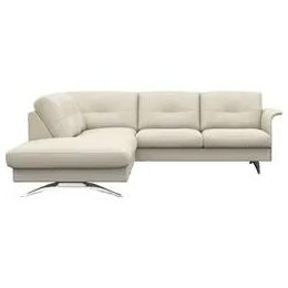 Ecksofa FLEXLUX "Glow, super bequem durch hochwertigem Sitzaufbau mit Federkern, L-Form" Sofas Gr. B/H/T: 236cm x 81cm x 224cm, Echtleder, Ottomane rechts, Armlehnen in Walnuss, weiß (warm white) Modernes skandinavisches Design