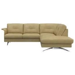 Ecksofa FLEXLUX "Glow, super bequem durch hochwertigem Sitzaufbau mit Federkern, L-Form" Sofas Gr. B/H/T: 236cm x 81cm x 224cm, Bouclé, Ottomane links, Armlehnen in Walnuss, gelb (mustard yellow) Modernes skandinavisches Design