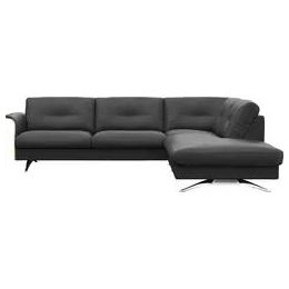 Ecksofa FLEXLUX "Glow, super bequem durch hochwertigem Sitzaufbau mit Federkern, L-Form" Sofas Gr. B/H/T: 268cm x 81cm x 224cm, Echtleder, Ottomane links, Armlehnen in Walnuss, schwarz (deep black) Skandinavisches Design, In hochwertiger Verarbeitung