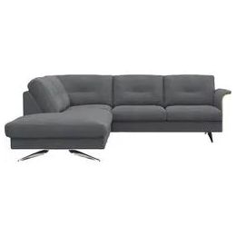 Ecksofa FLEXLUX "Glow, super bequem durch hochwertigem Sitzaufbau mit Federkern, L-Form" Sofas Gr. B/H/T: 236cm x 81cm x 224cm, Lederoptik, Ottomane rechts, Armlehnen in Walnuss, grau (elephant grey) Modernes skandinavisches Design