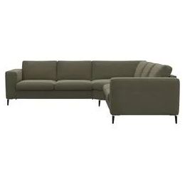 Ecksofa FLEXLUX "Fiore, gleichschenklig, super Sitzkomfort durch Kaltschaum im Sitz" Sofas Gr. B/H/T: 257cm x 85cm x 92cm, Struktur, Schenkel links, grün (moss green) breite Armlehnen, Füße Alu+schwarz