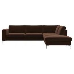 Ecksofa FLEXLUX "Fiore, super Sitzkomfort durch Kaltschaum im Sitz, L-Form" Sofas Gr. B/H/T: 273cm x 85cm x 225cm, Velvet, Ottomane rechts, braun (tobacco) breite Armlehnen, Füße Alu