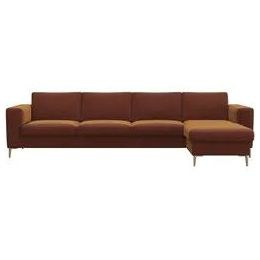 Ecksofa FLEXLUX "Fiore, super Sitzkomfort durch Kaltschaum im Sitz, L-Form" Sofas Gr. B/H/T: 295cm x 85cm x 159cm, Velvet, braun (cognac) breite Armlehnen, Füße Alu+ Eiche