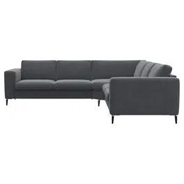 Ecksofa FLEXLUX "Fiore, gleichschenklig, super Sitzkomfort durch Kaltschaum im Sitz" Sofas Gr. B/H/T: 257cm x 85cm x 92cm, Velvet, Schenkel links, grau (soft grey) breite Armlehnen, Füße Alu+schwarz