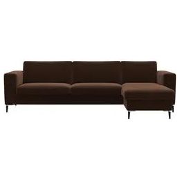 Ecksofa FLEXLUX "Fiore, superbequemer Sitzkomfort durch Kaltschaum im Sitz, L-Form" Sofas Gr. B/H/T: 262cm x 85cm x 92cm, Velvet, Chaiselongue rechts, braun (tobacco) breite Armlehnen, Füße Alu+schwarz