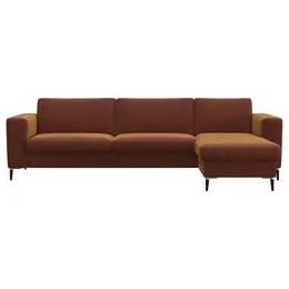 Ecksofa FLEXLUX "Fiore, superbequemer Sitzkomfort durch Kaltschaum im Sitz, L-Form" Sofas Gr. B/H/T: 262cm x 85cm x 92cm, Velvet, Chaiselongue rechts, braun (cognac) breite Armlehnen, Füße Alu+schwarz