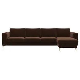 Ecksofa FLEXLUX "Fiore, super Sitzkomfort durch Kaltschaum im Sitz, L-Form" Sofas Gr. B/H/T: 295cm x 85cm x 159cm, Velvet, braun (tobacco) breite Armlehnen, Füße Alu+ Eiche