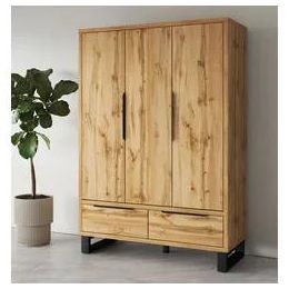 Drehtürenschrank Home Affaire "Bronne,Breite 145 cm, Wäscheschrank inclusive Innenausstattung" Schränke Gr. B/H/T: 145cm x 210cm x 60cm, 3 St., Komplettausführung, braun (wotan eiche) Kleiderschrank, 2 Schubkästen, Metallgriffe, Garderobe