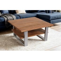 Couchtisch Baumkante massiv Mangoholz honigfarben 90x90 cm silber PATRICK