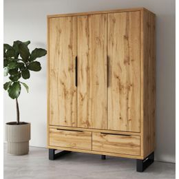 Drehtürenschrank Home Affaire "Bronne,Breite 145 cm, Wäscheschrank inclusive Innenausstattung" Schränke Gr. B/H/T: 145 cm x 210 cm x 60 cm, 3 St., Komplettausführung, braun (wotan eiche) Kleiderschrank, 2 Schubkästen, Metallgriffe, Garderobe