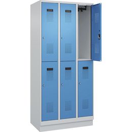 C+P Doppelstock-Spind Evolo PLUS, 3 Abteile, lichtgrau / lichtblau, B 900 mm, mit Bodensockel, Zylinderschloss