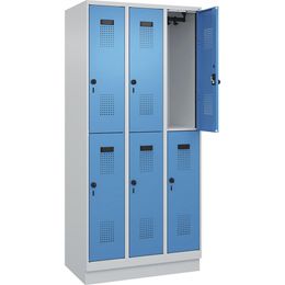 C+P Doppelstock-Spind Evolo PLUS, 3 Abteile, lichtgrau / lichtblau, B 900 mm, mit Bodensockel, Drehriegel