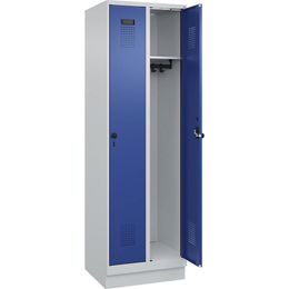 C+P Spind Evolo PLUS, 2 Abteile, lichtgrau / enzianblau, B 600 mm, mit Bodensockel, Drehriegel