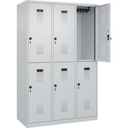 C+P Doppelstock-Spind Evolo PLUS, 3 Abteile, lichtgrau, B 1200 mm, mit Bodengleitern, Drehriegel