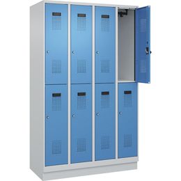 C+P Doppelstock-Spind Evolo PLUS, 4 Abteile, lichtgrau / lichtblau, B 1200 mm, mit Bodensockel, Zylinderschloss