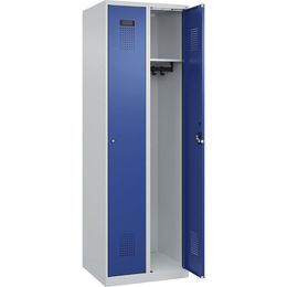 C+P Spind Evolo PLUS, 2 Abteile, lichtgrau / enzianblau, B 600 mm, mit Bodengleitern, Zylinderschloss