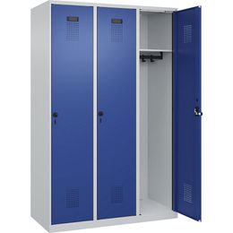 C+P Spind Evolo PLUS, 3 Abteile, lichtgrau / enzianblau, B 1200 mm, mit Bodengleitern, Drehriegel