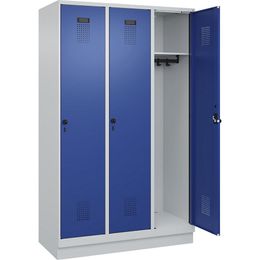 C+P Spind Evolo PLUS, 3 Abteile, lichtgrau / enzianblau, B 1200 mm, mit Bodensockel, Drehriegel