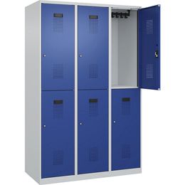 C+P Doppelstock-Spind Evolo PLUS, 3 Abteile, lichtgrau / enzianblau, B 1200 mm, mit Bodengleitern, Zylinderschloss