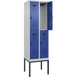 C+P Doppelstock-Spind Evolo PLUS, 2 Abteile, lichtgrau / enzianblau, B 600 mm, mit schmalen Füßen, Drehriegel
