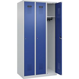 C+P Spind Evolo PLUS, 3 Abteile, lichtgrau / enzianblau, B 900 mm, mit Bodengleitern, Zylinderschloss