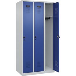 C+P Spind Evolo PLUS, 3 Abteile, lichtgrau / enzianblau, B 900 mm, mit Bodengleitern, Drehriegel