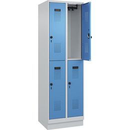 C+P Doppelstock-Spind Evolo PLUS, 2 Abteile, lichtgrau / lichtblau, B 600 mm, mit Bodensockel, Drehriegel