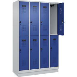 C+P Doppelstock-Spind Evolo PLUS, 4 Abteile, lichtgrau / enzianblau, B 1200 mm, mit Bodensockel, Drehriegel