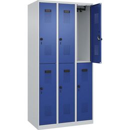 C+P Doppelstock-Spind Evolo PLUS, 3 Abteile, lichtgrau / enzianblau, B 900 mm, mit Bodengleitern, Drehriegel